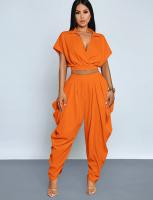 China 2026 Women's Elegant Two-Piece Set with Apricot V-neck Blouse and High-Waist Pocketed Pants Featuring Gold Buttons for sale