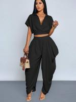 China 2026 Women's Elegant Two-Piece Set with Apricot V-neck Blouse and High-Waist Pocketed Pants Featuring Gold Buttons for sale
