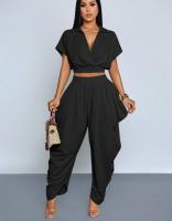 China 2026 Women's Elegant Two-Piece Set with Apricot V-neck Blouse and High-Waist Pocketed Pants Featuring Gold Buttons for sale