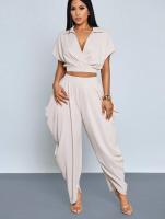China 2026 Women's Elegant Two-Piece Set with Apricot V-neck Blouse and High-Waist Pocketed Pants Featuring Gold Buttons for sale
