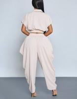 China 2026 Women's Elegant Two-Piece Set with Apricot V-neck Blouse and High-Waist Pocketed Pants Featuring Gold Buttons for sale
