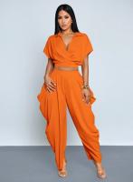 China 2026 Women's Elegant Two-Piece Set with Apricot V-neck Blouse and High-Waist Pocketed Pants Featuring Gold Buttons for sale
