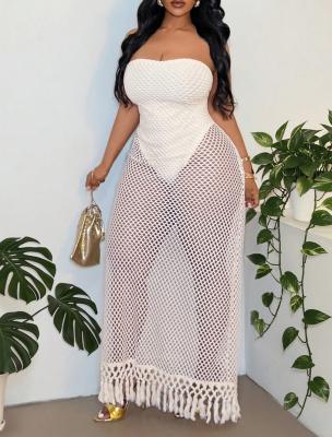 China 2026 Plus Size Apricot Peach Strapless Maxi Dress with Cutout Waist and Flowy Silhouette for sale