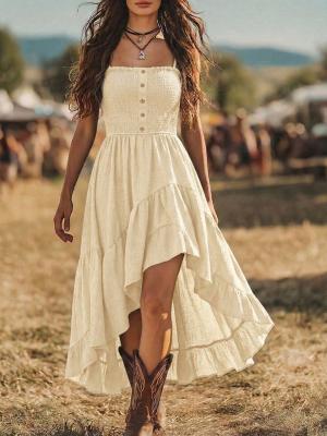 China Bohemian Women's Dress with Front Short Back Long Hem Cinched Waist and Soft Lightweight Fabric for sale