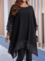 China Plus-Size Women's Batwing Sleeve Blouse with Sparkling Star Embellishments - Non-Sheer Lightweight Fabric & Machine Washable for sale
