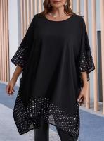 China Plus-Size Women's Batwing Sleeve Blouse with Sparkling Star Embellishments - Non-Sheer Lightweight Fabric & Machine Washable for sale