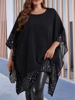 China Plus-Size Women's Batwing Sleeve Blouse with Sparkling Star Embellishments - Non-Sheer Lightweight Fabric & Machine Washable for sale