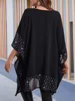 China Plus-Size Women's Batwing Sleeve Blouse with Sparkling Star Embellishments - Non-Sheer Lightweight Fabric & Machine Washable for sale