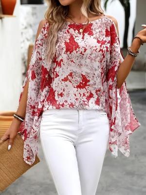 China Plus-Size Floral Off-the-Shoulder Top with Lightweight Fabric and Wrinkle-Resistant Design for Summer Vacations for sale