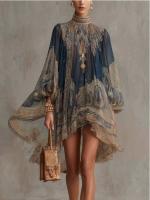 China Bohemian Tunic with High-Neck and Paisley Print - Sheer Chiffon Maxi Dress Featuring Vintage-Inspired Embroidery for sale