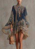 China Bohemian Tunic with High-Neck and Paisley Print - Sheer Chiffon Maxi Dress Featuring Vintage-Inspired Embroidery for sale
