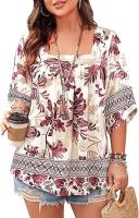China Women's Plus Size Square-Neck 3/4-Sleeve Linen Shirt with Oversized Waistband - Bohemian Vacation Wear 2026 for sale
