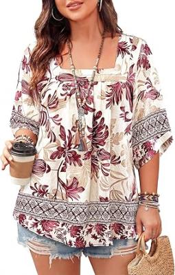 China Women's Plus Size Square-Neck 3/4-Sleeve Linen Shirt with Oversized Waistband - Bohemian Vacation Wear 2026 for sale