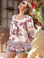 China Women's Plus Size Square-Neck 3/4-Sleeve Linen Shirt with Oversized Waistband - Bohemian Vacation Wear 2026 for sale