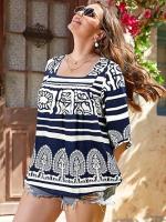 China Women's Plus Size Square-Neck 3/4-Sleeve Linen Shirt with Oversized Waistband - Bohemian Vacation Wear 2026 for sale