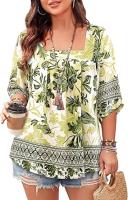 China Women's Plus Size Square-Neck 3/4-Sleeve Linen Shirt with Oversized Waistband - Bohemian Vacation Wear 2026 for sale