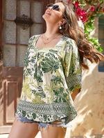 China Women's Plus Size Square-Neck 3/4-Sleeve Linen Shirt with Oversized Waistband - Bohemian Vacation Wear 2026 for sale
