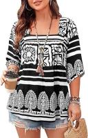 China Women's Plus Size Square-Neck 3/4-Sleeve Linen Shirt with Oversized Waistband - Bohemian Vacation Wear 2026 for sale