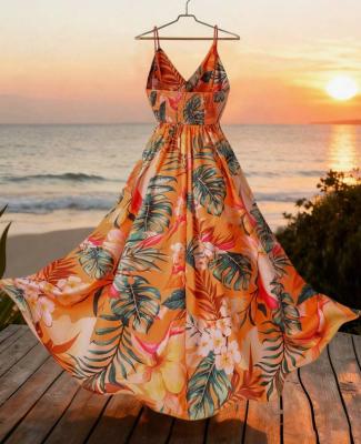China Floral Print Midi Dress with Lightweight Fabric for Elegant Vacation Wear for sale
