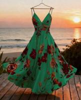 China Floral Print Midi Dress with Lightweight Fabric for Elegant Vacation Wear for sale