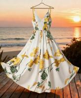China Floral Print Midi Dress with Lightweight Fabric for Elegant Vacation Wear for sale