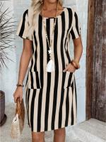 China 2026 New Spring/Summer Export Collection: Women's Striped Polka Dot Print Short-Sleeve Round-Neck Dress with Patch Pockets for sale