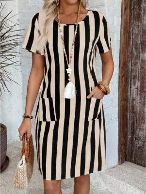 China 2026 New Spring/Summer Export Collection: Women's Striped Polka Dot Print Short-Sleeve Round-Neck Dress with Patch Pockets for sale