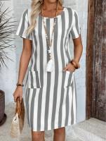 China 2026 New Spring/Summer Export Collection: Women's Striped Polka Dot Print Short-Sleeve Round-Neck Dress with Patch Pockets for sale