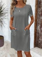 China 2026 New Spring/Summer Export Collection: Women's Striped Polka Dot Print Short-Sleeve Round-Neck Dress with Patch Pockets for sale