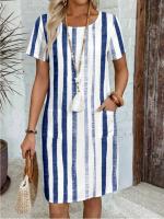 China 2026 New Spring/Summer Export Collection: Women's Striped Polka Dot Print Short-Sleeve Round-Neck Dress with Patch Pockets for sale