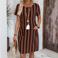 China 2026 New Spring/Summer Export Collection: Women's Striped Polka Dot Print Short-Sleeve Round-Neck Dress with Patch Pockets for sale