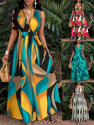 China Tropical Print V-Neck Maxi Dress with Twisted Knit Waist for Women – Summer and Fall Long Dress for sale