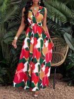 China Tropical Print V-Neck Maxi Dress with Twisted Knit Waist for Women – Summer and Fall Long Dress for sale