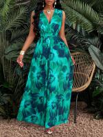 China Tropical Print V-Neck Maxi Dress with Twisted Knit Waist for Women – Summer and Fall Long Dress for sale