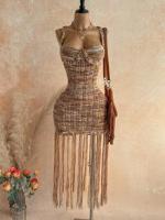 China Bohemian Summer Dress with Handmade Braided Rope Trim in Flattering Tropical Orange Tone and Premium Light Sweater Knit for sale