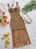 China Bohemian Summer Dress with Handmade Braided Rope Trim in Flattering Tropical Orange Tone and Premium Light Sweater Knit for sale