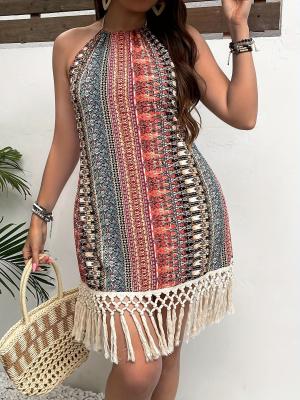 China European and American Women's Sleeveless Halter Neck Beach Dress with Exclusive Vacation Print Patterns and Airy Light Flow Fabric for sale