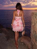 China Tropical Floral Print V-Neckline Mini Dress with Lightweight Breathable Fabric for Summer for sale