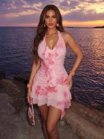 China Tropical Floral Print V-Neckline Mini Dress with Lightweight Breathable Fabric for Summer for sale