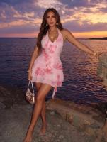 China Tropical Floral Print V-Neckline Mini Dress with Lightweight Breathable Fabric for Summer for sale