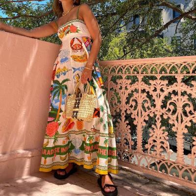 China European and American Women's Holiday Print Slip Dress with Built-in Waistband and Soft Airy Fabric for sale