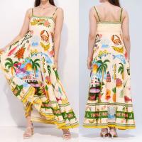 China European and American Women's Holiday Print Slip Dress with Built-in Waistband and Soft Airy Fabric for sale