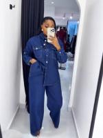 China Retro Lapel Denim Matching Set - Premium Soft Washed Denim with Relaxed Oversized Shirt and High-Waisted Straight-Leg Trousers for sale