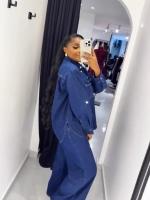 China Retro Lapel Denim Matching Set - Premium Soft Washed Denim with Relaxed Oversized Shirt and High-Waisted Straight-Leg Trousers for sale