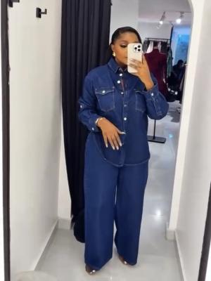 China Retro Lapel Denim Matching Set - Premium Soft Washed Denim with Relaxed Oversized Shirt and High-Waisted Straight-Leg Trousers for sale