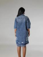 China Trendy Women's Denim Jacket with Ripped Hollow-out and Tassel Fringe in Loose Silhouette for sale