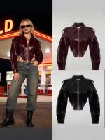 China Retro Biker-Style Cropped Jacket in Shiny Faux Patent Leather with Cut-Out Waist Detail for sale