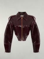 China Retro Biker-Style Cropped Jacket in Shiny Faux Patent Leather with Cut-Out Waist Detail for sale