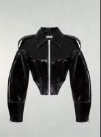 China Retro Biker-Style Cropped Jacket in Shiny Faux Patent Leather with Cut-Out Waist Detail for sale