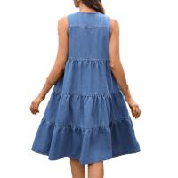 China Vintage Soft Washed Denim Dress with Adjustable Tie Belt and Multi-Layer Tiered Hem Casual Sundress for sale